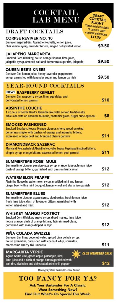 Cocktail Bar Menu | Tenth Ward's Distillery Tasting Room | MD